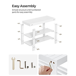 SONGMICS Shoe Rack Bench, 3-Tier Bamboo Shoe Storage Organizer, Entryway Bench, Holds Up to 286 lb, 11.3 x 27.6 x 17.8 Inches, for Entryway Bathroom Bedroom, White ULBS004W01