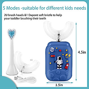 Kids U Shaped Toothbrush, Kids Automatic Toothbrush with 3 Brush Heads, 360 Ultrasonic Automatic Toothbrush Kids with 5 Modes, Ipx7 Waterproof Whole Mouth Toothbrush with Smart Timer