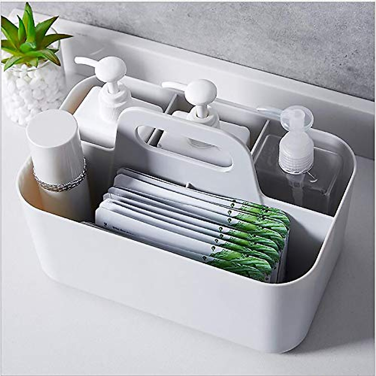 Jucoan 2 Pack Plastic Portable Storage Organizer Caddy Tote, Stackable 5 Slots Divided Basket Bin, Wall Mounted Makeup Organizer Caddy for Bathroom, Dorm Room (Beige, 9.5X 5.75 x4.5 Inch)