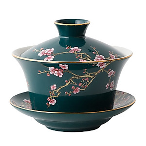 YBK Tech 10oz Large Gaiwan, Porcelain Kung Fu Tea Cup and Saucer with Lid, Chinese Traditional Gaiwan, Sancai Tea Bowl - Embossed Plum Patterns (Green)