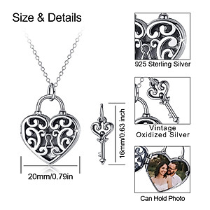 Cuoka Heart Locket Necklace That Hold Two Photos, 925 Sterling Silver Lock and Key Set, Mother Day Anniversary Birthday Gift for Women Girlfriend Daughter with Gift Box (Key & Heart)