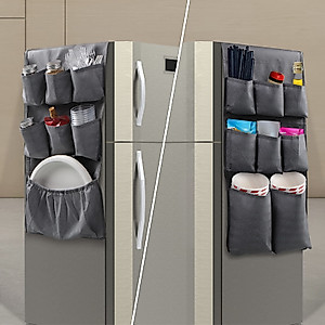 Lafulling Fridge Dust Cover Top, Mini Fridge Caddy Organizer Storage Bag with 15 Extra Large Fabric Pockets for Dorm, Pantry, Plate, Silverware, Spice, Cutlery, Napkins, Other Daily Stuff