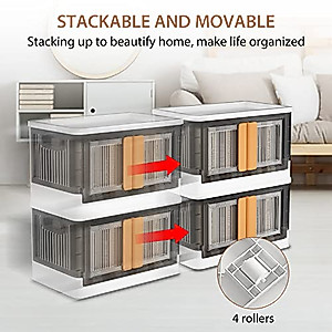 TeqHome Upgraded Storage Bins with Lids, Plastic Collapsible Storage Bins W/Dual Door & Wheels, 8.4Gal Folding Stackable Wardrobe Closet Organizer, Multifunctional Storage Box for Home Office, 2Pack