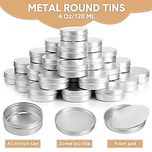 200 Pack Metal Tins Aluminum Containers with Lids Screw Top Round Tin Cans for Cosmetic Lip Balm DIY Salves Candles Wax with 5 Markers 10 Sheets Label Stickers (4 oz, Silver)