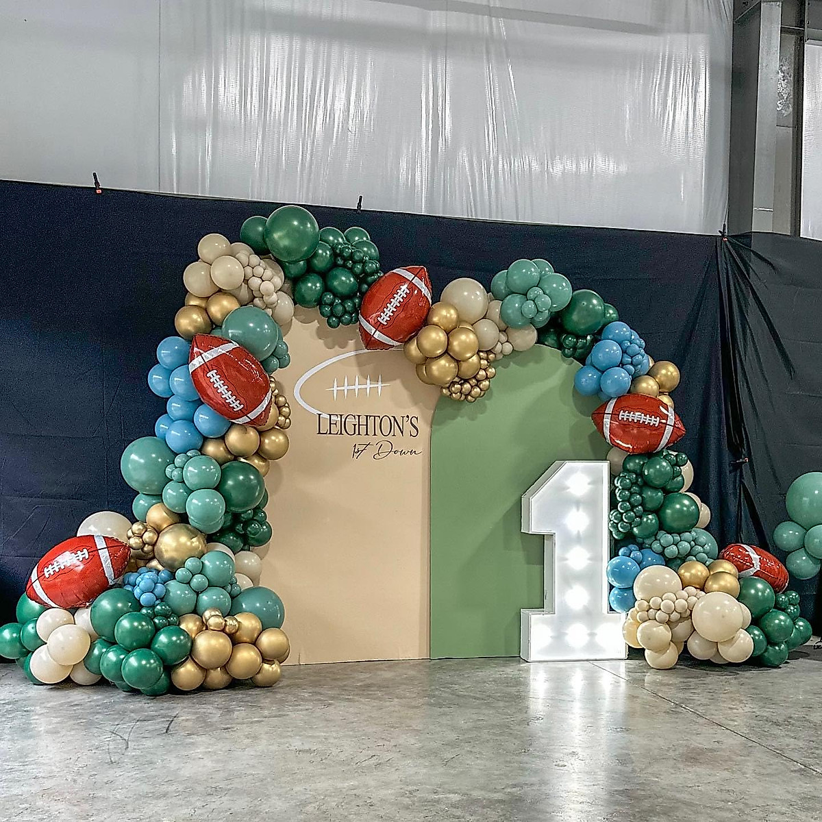 Football Balloons Arch Garland Kit 150PCS Dark Green Dusty Blue Sand White Balloons Rugby Mylar Balloons for Boho Super Bowl Eagle First Touch Down Birthday Party Baby Shower Decoration