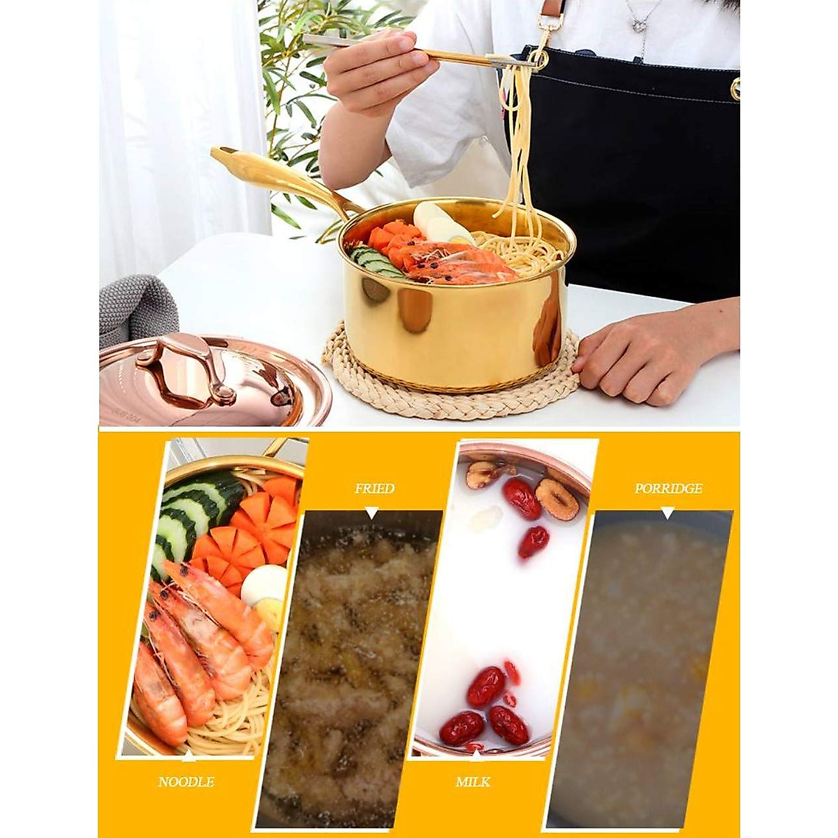 18/8 Stainless Steel Saucepan with Lid, 2.5 Quart Nonstick Sauce Pan, Small Pots for Cooking, Dishwasher Safe, Gold