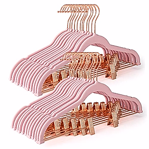 HOUSE DAY Velvet Skirt Hangers 24 Pack, Non Slip Velvet Pants Hangers with Rose Gold Clips, Ultra Thin Velvet Hangers Space Saving, Heavy-Duty Clothes Hanger for Trouser, Jeans, Dresses, Coats (Pink)