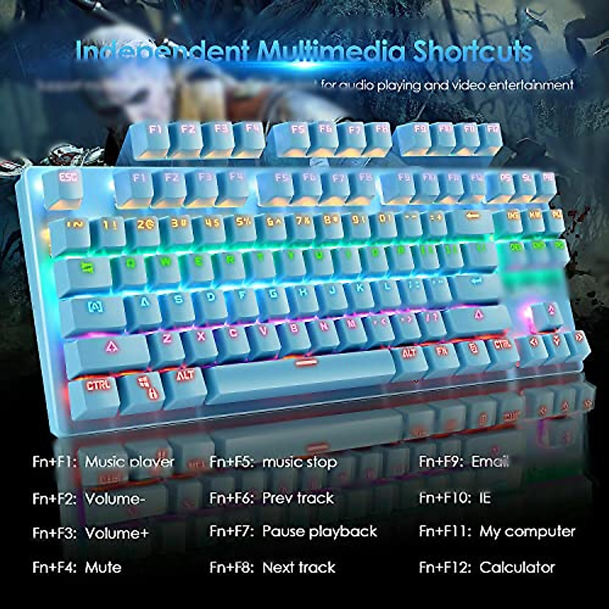 Mechanical Keyboard,Wired Rainbow LED Backlit 87 Key Waterproof Gaming Keyboard,USB Cable with Magnetic Ring PC PS4(Blue)