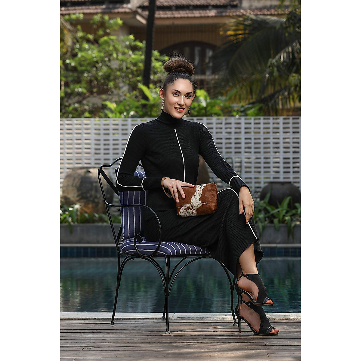 Myra Bag Snowy & Cocoa Upcycled Canvas & Cowhide Wristlet Pouch Bag S-1471