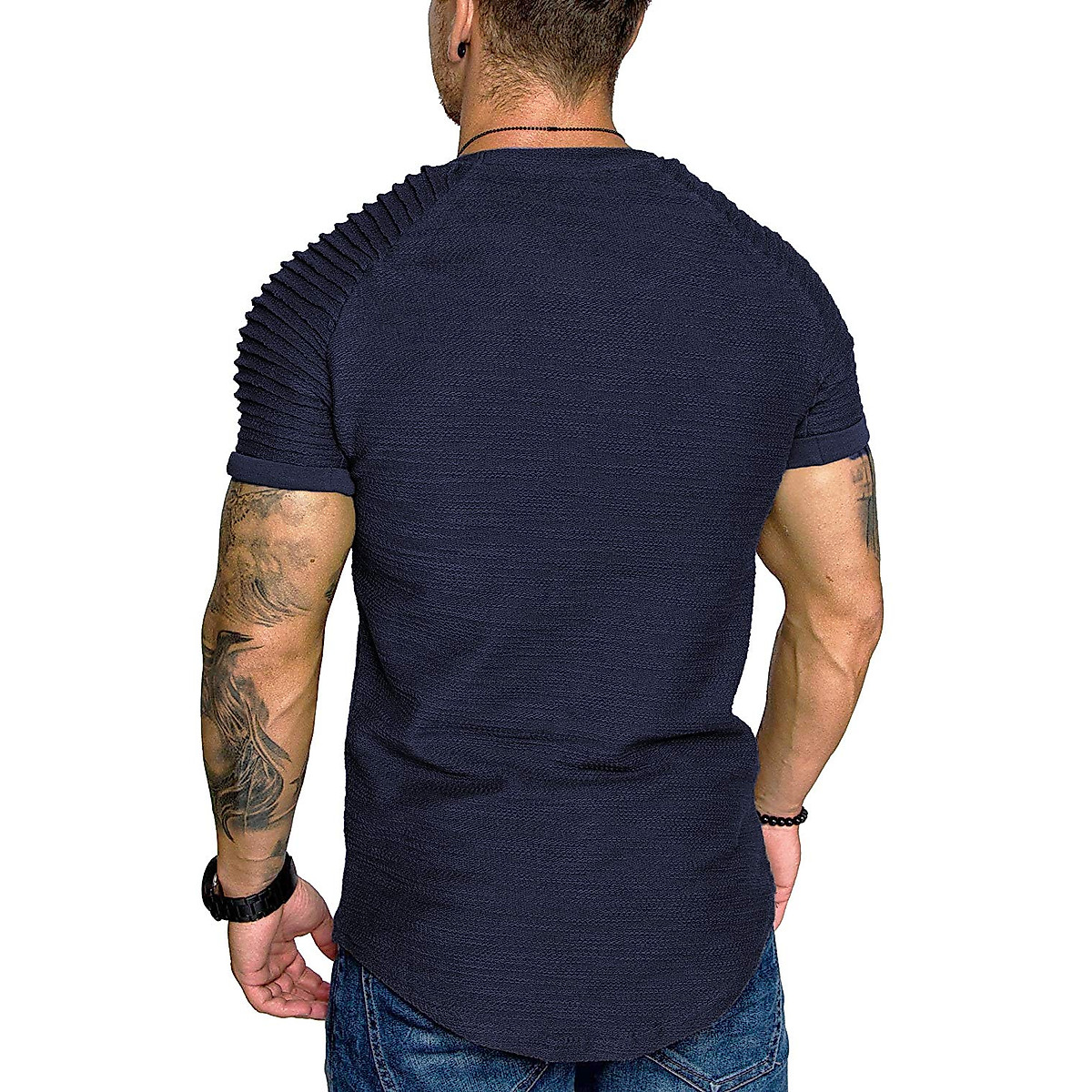 COOFANDY Mens Stylish Shirts Pleated Sleeve Fashion Hip Hop Tee Navy Blue L
