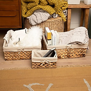 Natural Hyacinth Wicker Storage Baskets, Set Of 3 Hand Woven Water Hyacinth Baskets for Living Room, Organizing Decorative, Woven Basket Organizer Bins with Detachable Lining, Large Medium Small