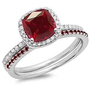 Dazzlingrock Collection Cushion & Round Ruby & Round White Diamond Wedding Ring Set in 18K White Gold, Size 4.5