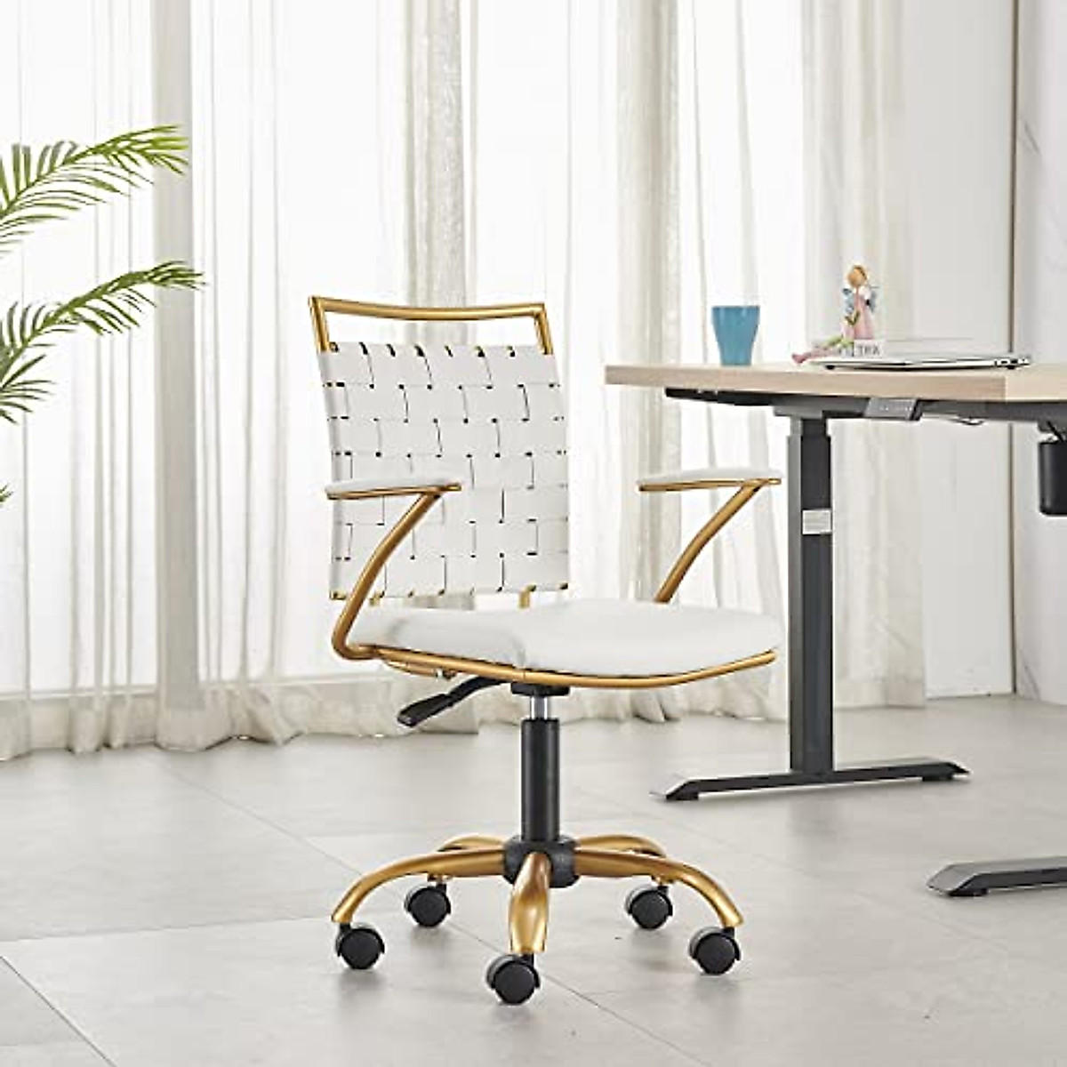 Hioryllks White and Gold Chair Modern Office Chair Gold and White Desk Chair White and Gold Computer Chair Leather Cute Desk Chair with arms (3013 Gold White)