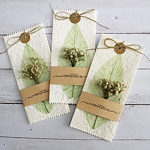 Picky Bride 25Pcs Handmade Real Dry Flower Vintage Wedding Invitations with Real Leaf Vein, Unique Wedding Gifts Rustic Invite Cards for Your Stylish Wedding Theme 10 x 20cm