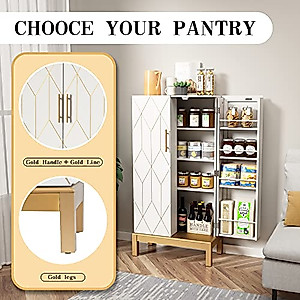 HOLTICO 45'' Kitchen Pantry Cabinet,Storage Cabinet with Doors and Adjustable Shelves,Food Pantry Cabinet for Kitchen,Dining Room,Living Room and Garage,Gold Legs,No Lines,White Cabinet.