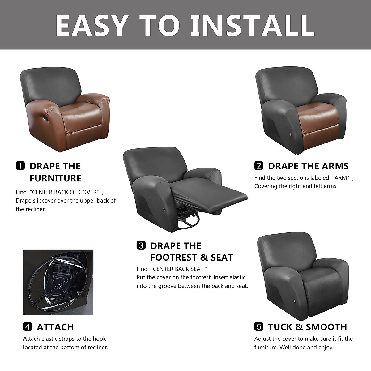 molasofa Recliner Chair Covers - 4 Pieces Leather Like Large Recliner Covers with Pocket Soft Stretch Recliner Slipcover for Lazy Boy Recliner Chair Washable Furniture Protector (Dark Grey)