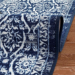 Antep Rugs Alfombras Non-Skid (Non-Slip) 2x7 Rubber Backing Floral Geometric Low Profile Pile Indoor Area Runner Rugs (Navy Blue, 2' x 7')