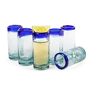 FESTMEX Authentic Hand Blown Mexican Tequila Shot Glasses – Set of 6 Cobalt Blue Rim Tequila Shot Glasses Made from Recycled Glass by Artisans (2 OZ, Cobalt)