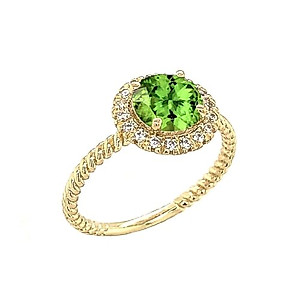Takar Dainty 14k Yellow Gold Round Cut Genuine Peridot and Diamond Engagement Band Ring (Size 6.75)