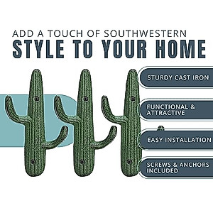 Comfify Set of 3 Hooks Cast Iron Cactus Double Wall Mounted Hooks/Hangers - Decorative Wall Mounted Hooks for Coats, Bags, Towels and More - w/Screws and Anchors Included - Rustic Green