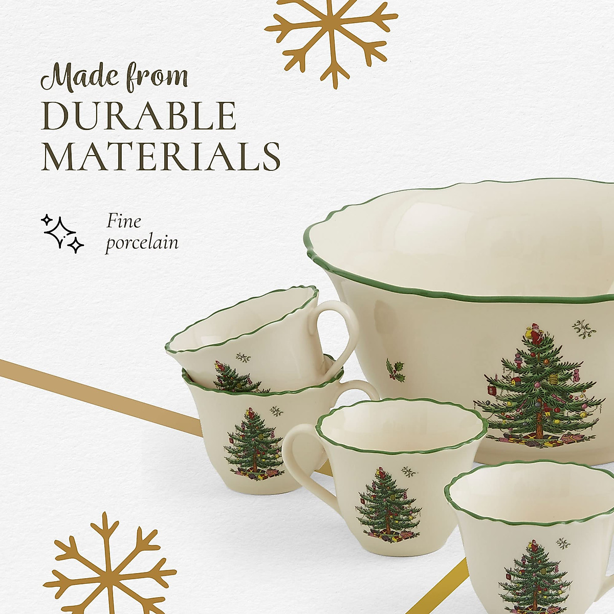 Spode Christmas Tree 10 Piece Punch Bowl Set- Made of Fine Porcelain Includes - 1 Punch Bowl - 1 Ladle - 8 Punch Cups - Punch Bowl is 11 Inch - Punch Cups are 8 oz.