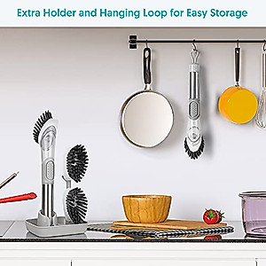 Soap Dispensing Dish Brush Set - FORSPEEDER Kitchen Brush with Stand 3 Brush Replacement Heads Stainless Steel Handle, Dish Wand Scrub Brush for Dishes Sink Pot Pan Cleaning