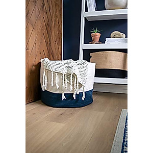 Chloe and Cotton XXXL Extra Large Woven Rope Storage Basket 15 x 21 inch Navy White Handles | Decorative Laundry Clothes Hamper, Blanket, Towel, Baby Nursery Diaper, Toy Bin Cute Collapsible Organizer