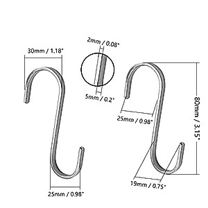 MroMax 304 Stainless Steel S Hooks,80mm/3.15" Silver S Shaped Hook Hangers for Kitchen Bathroom Bedroom Storage Room Office Outdoor Multiple Uses, 10Pcs