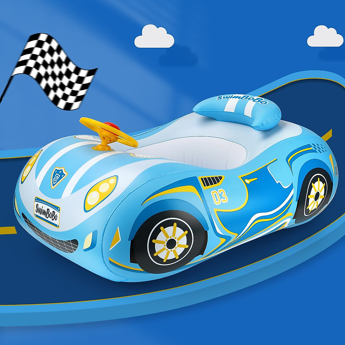 Swimbobo Toddler Pool Float with Seat Boat Inflatable Ride-on Car for Kids Outdoor Toys(Blue Sport Car)