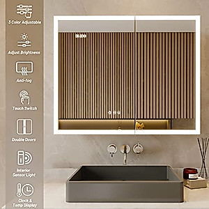 LIGMIRR Bathroom Medicine Cabinet with Lights, 36×30 Inch LED Medicine Cabinet with Mirror, Double Door Lighted Medicine Cabinet with Defogger, Dimmer, Clock & Temp Display, 2 Outlets & USB Ports