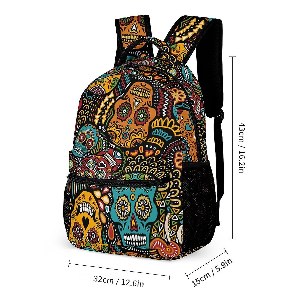 Mexican Sugar Skulls Print Backpack Causal Daypack Lightweight Laptop Backpack for Men Women 12.6 X 5.9 X 16.2 Inch