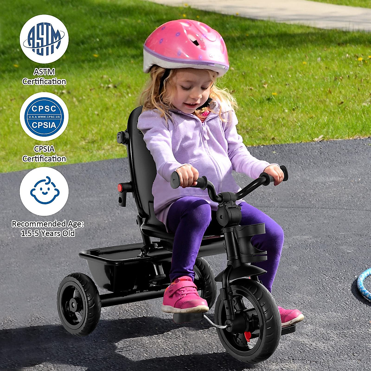BABY JOY Tricycle, 5 in 1 Toddler Bike W/Removable Push Handle, Reversible Seat, EVA Wheel, Adjustable Canopy, Cup Holder & Storage, Ideal for Kids 1.5-5 Years Old, Tricycle for Toddler (Grey)