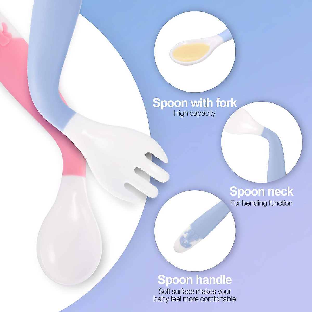 Baby Toddler Forks and Spoons for self-Feeding - Kids and Infant Training Cutlery Utensils Set, Babies First Self Feeding Learning Tableware Easy Grip Bendable with Travel Safe Case (Blue)