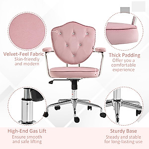HOMCOM Cute Home Office Chair, Computer Desk Chair with Button Tufted Velvet-Feel Fabric, Swivel Vanity Chair, Pink