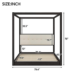 DOLPRNE Modern King Size Wooden Canopy Platform Bed with Upholstered Headboard,Multiple Choice for Kids Teen Adults Bedroom,Box Spring Not Required,Espresso
