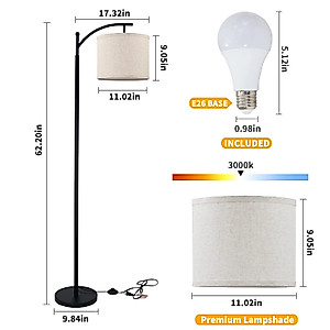 LED Modern Floor Lamp with Beige Linen lamp Shade,Tall Lamps Standing Lamp for Bedrooms,Living Room, Office,Black Pole Lamp with Foot Switch