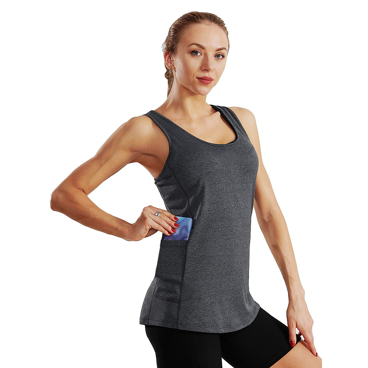 NELEUS Women's Running Tank Tops 3 Pack Racerback Workout Yoga Shirts with Pockets,8069,Black/Grey/White,L