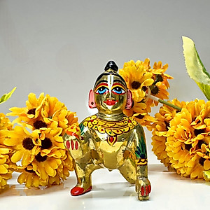4OUR FAITH – Golden Painted Brass - (4") 10 cms - Laddoo Gopal Baby Krishna | Thakurji | Laddu Gopal Ji Murti Idol Statue Sculpture for Car/Office/Home/Gifting Use – Pack of 1 (Size 5)