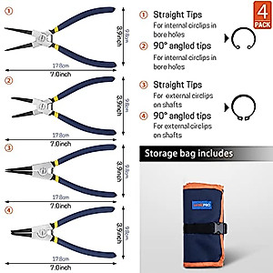WISEPRO Snap Ring Pliers Set 7 Inch Heavy Duty External/Internal Circlip Pliers Kit with Straight/Ben Jaw for Ring Remover Retaining with Storage Pouch