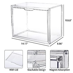 FABROK 2Pcs Clear Book Storage Organizer Box, Plastic Stackable Book Display Case with Magnetic Door, Assemble Storage Showcase for Toy Dolls, Books, Shoes Organizing