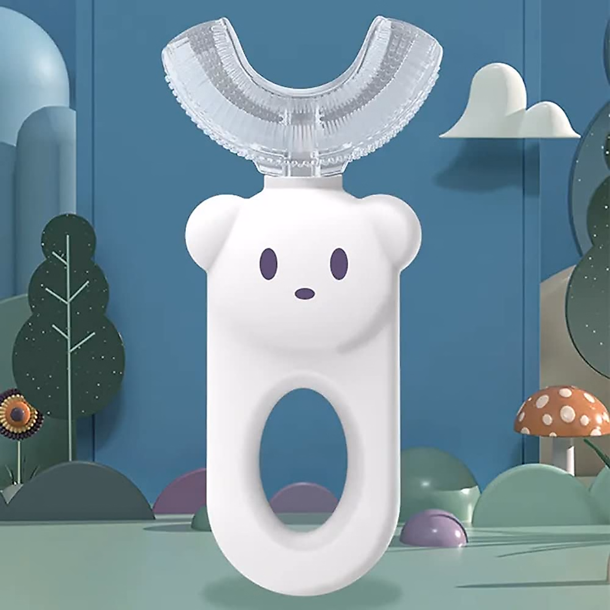 lewedo Kids U-Shaped Toothbrush 2 Pcs, 360 All Around U Shaped Toothbrush, Liquid Silicone U-Shaped Cartoon Kids Brush for Age 2-6, Brown & White