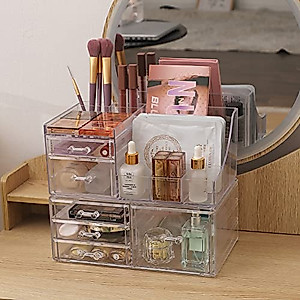 Clear Makeup Organizer and Storage For Vanity,Large Acrylic Cosmetics Display Cases With Stackable Drawers for Bathroom Counter Dresser Brushes Lipsticks Skin Care Beauty Skincare Product Organizing