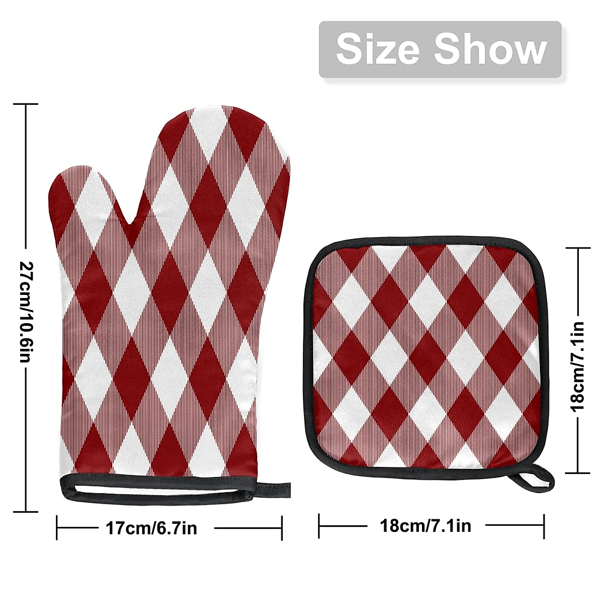 Checker Square Oven Mitts and Pot Holders Sets of 2 Heat Resistant Non-Slip Kitchen Gloves Hot Pads with Inner Cotton Layer for Cooking BBQ Baking Grilling