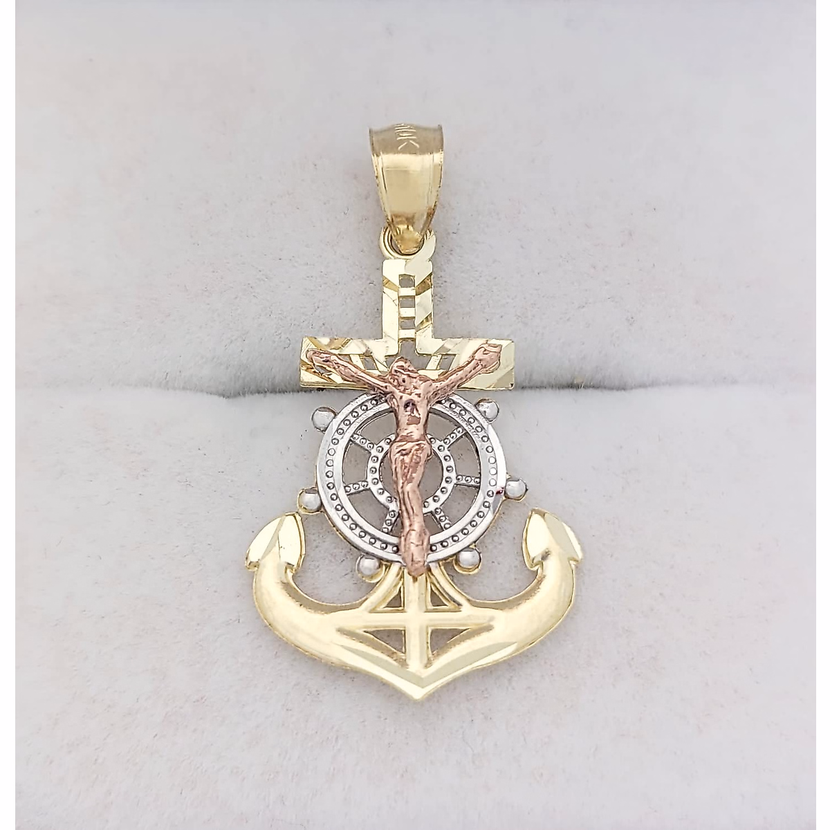 AMZ Jewelry 10K Tri Tone Gold Mariners Anchor Charm Cross Pendant