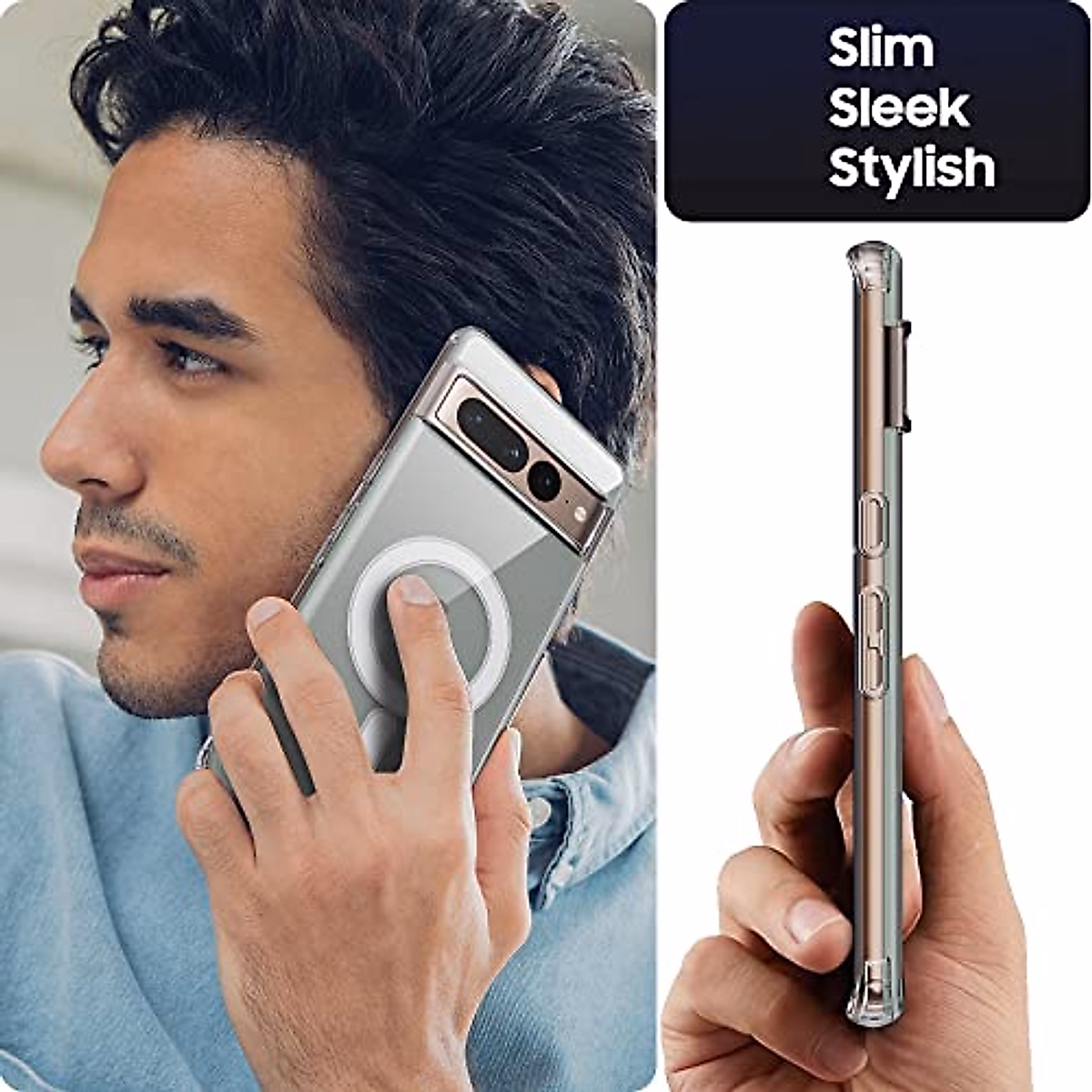 MAKAVO for Pixel 7 Pro Case, Magnetic Case Compatible with MagSafe, Slim Thin Hard Back & Soft Edges Crystal Clear Cover Shockproof Phone Shell with Camera Lens Protector