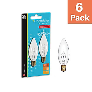 25W B8 Incandescent Clear Chandelier Light Bulb, Torpedo Tip, E12 Candelabra Base, 160 Lumens, Dimmable, 120V, (6 Pack)