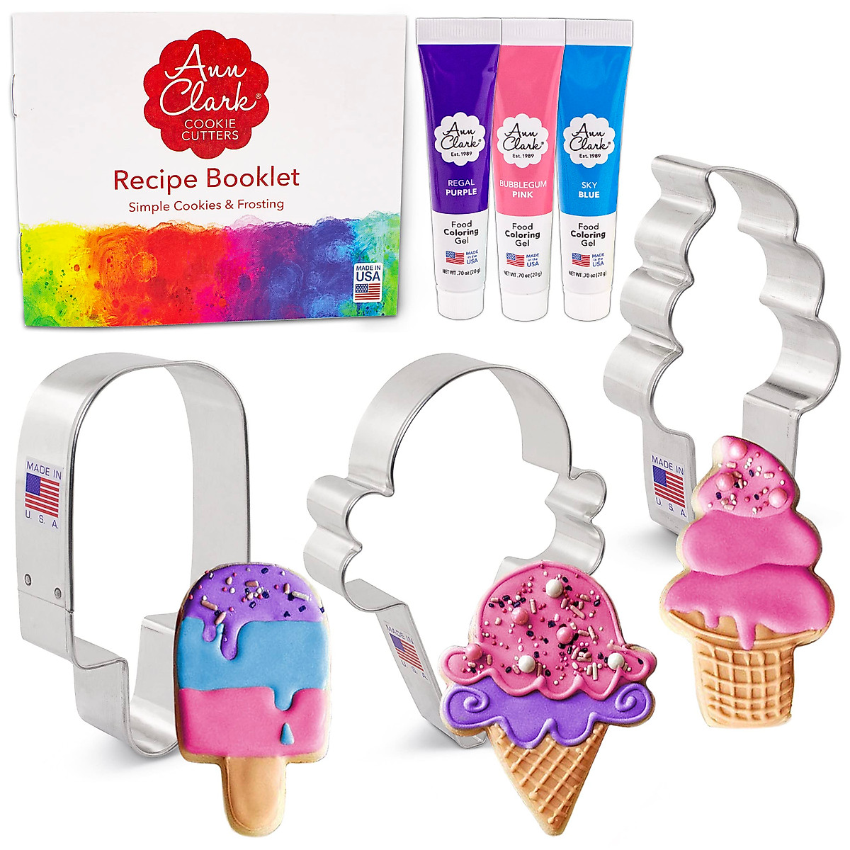 Ice Cream Cookie Cutters and Decorating 6-Pc. Set Made in USA by Ann Clark, Hard Ice Cream Cone, Soft Serve, Popsicle, Purple, Pink, & Sky Blue Food Coloring Gel