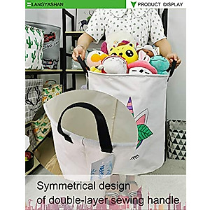 LANGYASHAN Laundry Basket Canvas Fabric Collapsible Organizer Basket for Storage Bin Toy Bins Gift Baskets Bedroom Clothes Children Nursery Hamper (Leaf Unicorn)