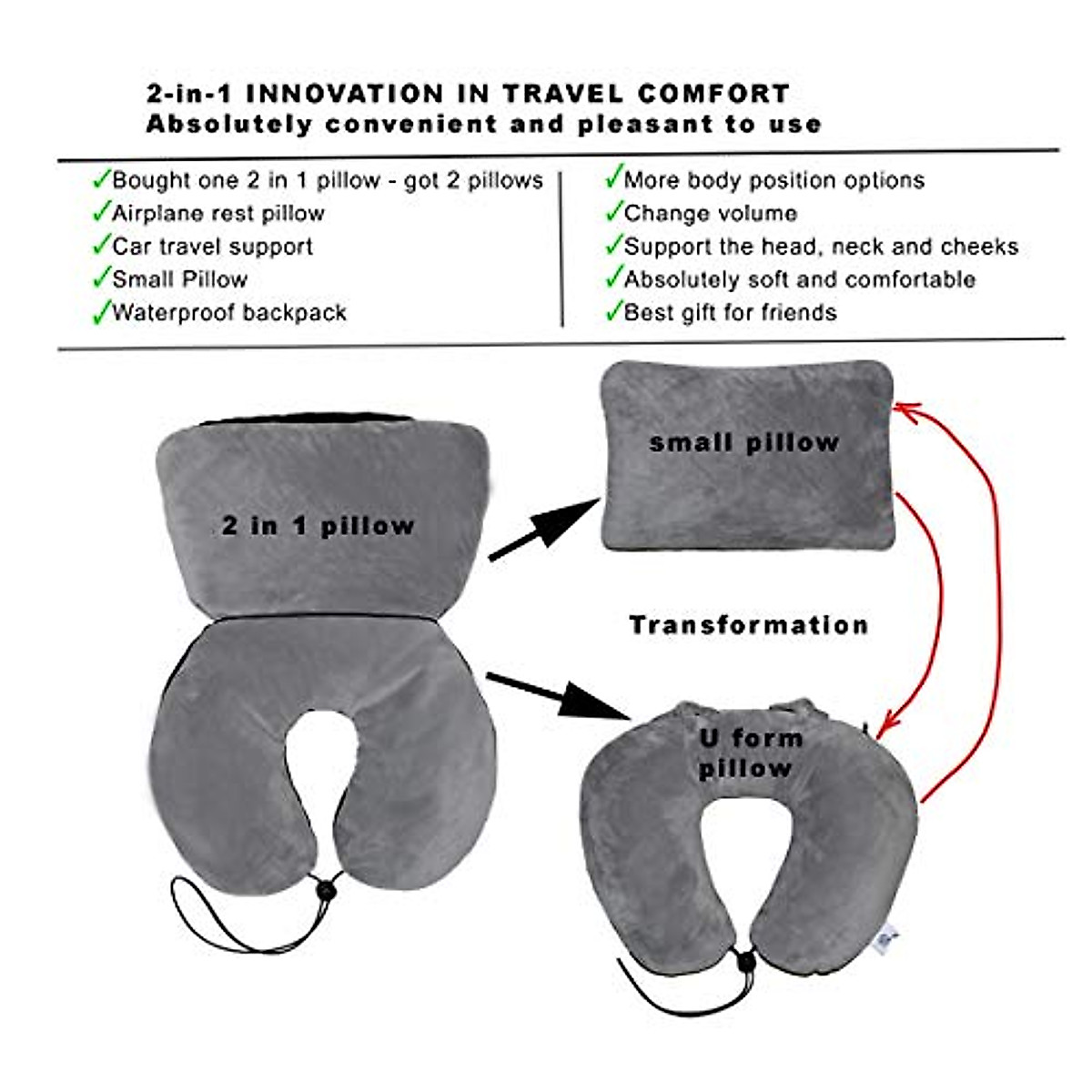 NICE COM SUPPLY Airplane Neck Travel Pillow, Ultimate Travel Pillow, for Car, Men, Women, Teens, Shape Transformation 2 &1 & Travel Backpack,, Super Soft Neck Support - Gray - Travel Gifts for Adults