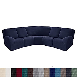 5-Seat Sectional Recliner Sofa Covers,4 Seater & 1 Corner Seat 5 Seater Stretch Recliner Couch Cover Slipcover for Reclining L Shape Recliner Corner Sofa,Soft,Washable Couch Covers,Navy Blue,Jacquard